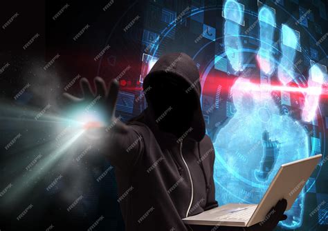 Premium Photo Black Jumper Hacker With Out Face Sit With The Computer Hand Scan Background