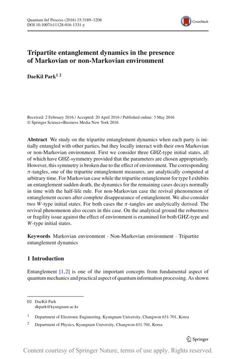Tripartite Entanglement Dynamics In The Presence Of Non Markovian Environment Request Pdf