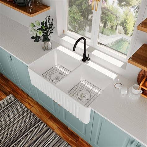 Deervalley Double Bowl Farmhouse Sink 33 Inch Ceramic Apron Front