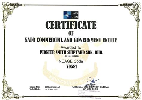 Certificate Of Nato Commercial And Government Entity Pioneer Smith