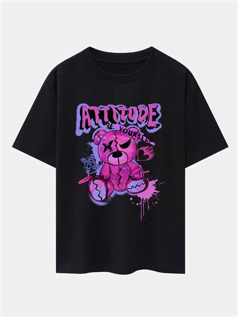 Tattered Bear Print Drop Shoulder Oversize T Shirt Hoooyi