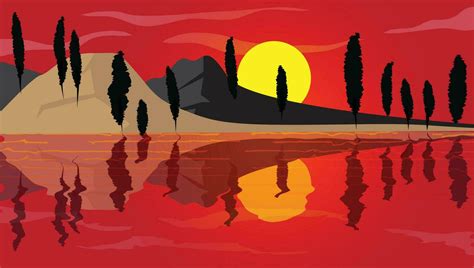 Beautiful Nature Landscape Vector Illustration With Water Reflection And Sunset Or Sunrise In