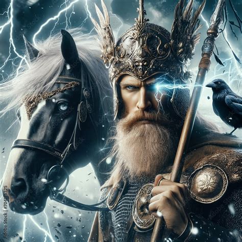The Great Nordic One Eyed God Odin With His Ravens Huginnandmuninn
