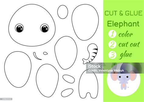색칠 공부 는 아기 코끼리를 잘라 접착제 유치원 어린이를위한 교육 종이 게임 워크시트를 잘라내고 붙여넣습니다 종이에 색상 절단 부품 및 접착제 벡터 그림입니다 0명에 대한