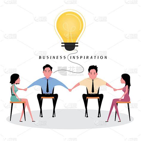 这是一组商业人士进行头脑风暴的卡通形象，人们坐在一起，手牵着手，举着黄色的灯泡，直到成功