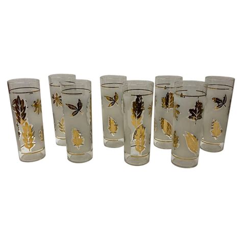 Mid Century Modern Golden Foliage 22k Gold Libbey Highball Glass Set At
