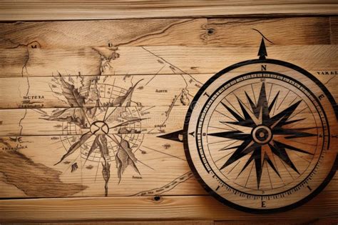 Wood Board With Abstract Illustration Of Compass And Map Stock
