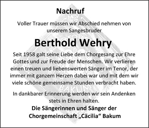 Traueranzeigen Von Berthold Wehry Om Trauer De