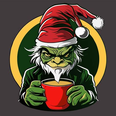 Design A Themed Tshirt While Drinking Coffee In A Grinch Santa Suit Vector Illustration