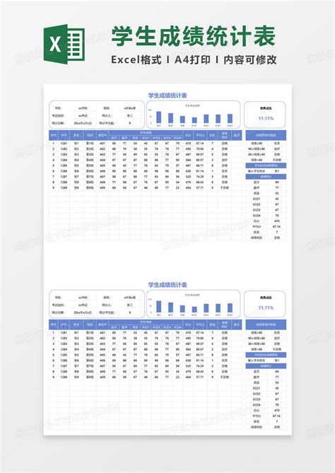 蓝色简约期末学生成绩统计表excel模板下载熊猫办公