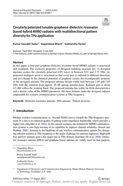 Circularly Polarized Tunable Graphene Dielectric Resonator Based Hybrid Mimo Radiator With
