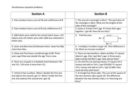 Worded Simultaneous Equations Problems Teaching Resources