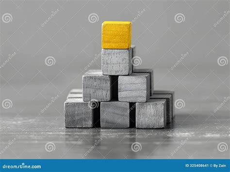 Yellow Wooden Block On Top Of Gray Blocks Pyramid Leadership Standout