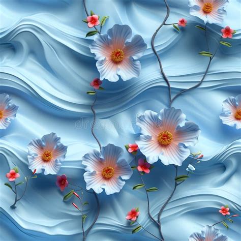 3d Seamless Pattern Of Blue Flowers And Waves 3d Render Style Tileble