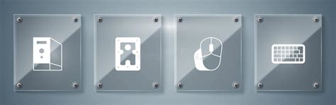 Set Keyboard Computer Mouse Hard Disk Drive Hdd And Case Of Computer Square Glass Panels