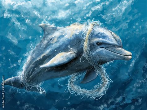 A Dolphin Is Swimming In The Ocean With A Plastic Ring Around Its Neck