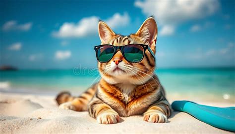 Cool Cat In Sunglasses Beachside Summer Fun Stock Illustration