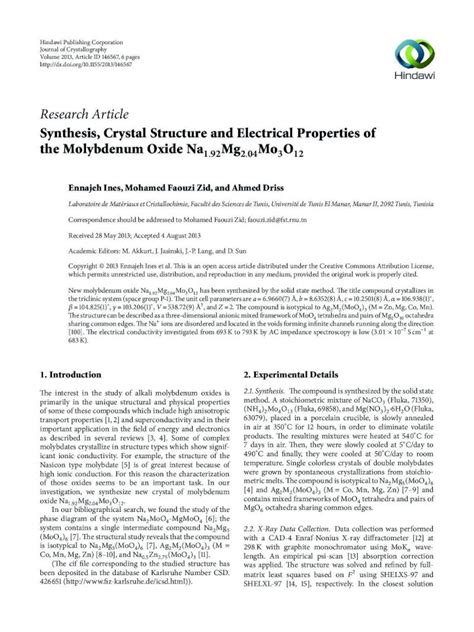 Pdf Research Article Synthesis Crystal Structure And Downloads