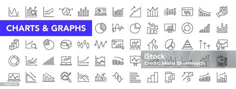 그래프 및 그래프 아이콘은 편집 가능한 획으로 설정됩니다 차트 및 다이어그램 가는 선 아이콘 모음입니다 벡터 일러스트 레이 션 0명에 대한 스톡 벡터 아트 및 기타 이미지