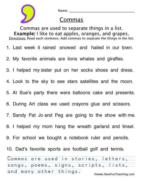 Basic Comma Rules Worksheet High School