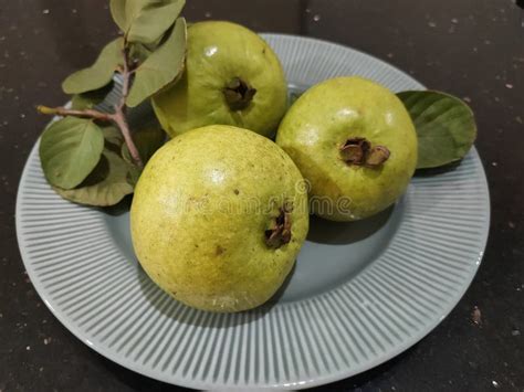 Guava With Stem And Leaf On The Plate Stock Image Image Of Fresh