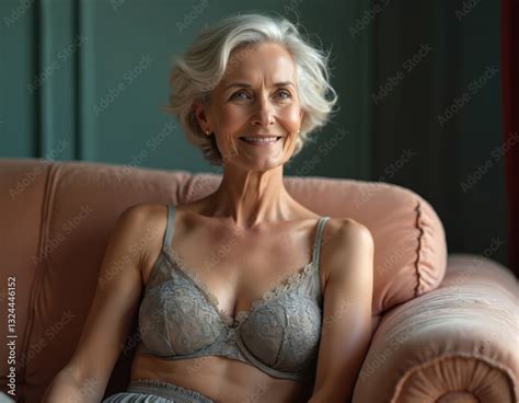 Elegant Senior Woman Poses In Grey Lace Lingerie On A Sofa Beautiful