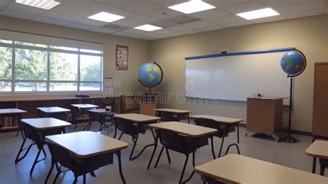 A Clean Classroom Setup With A Globe Whiteboard And Rows Of Empty