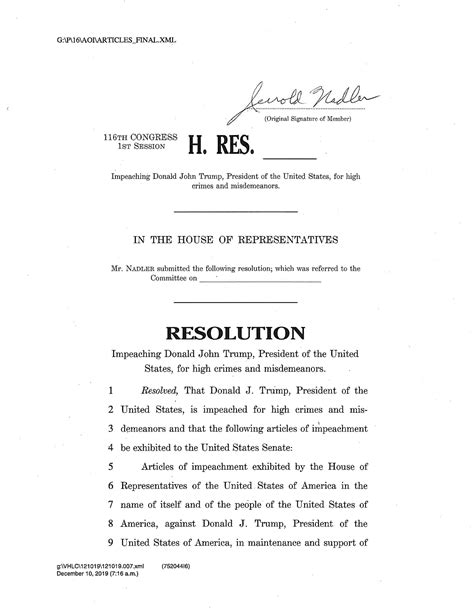 Read The Articles Of Impeachment Against President Trump The New York