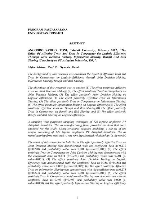 Pengaruh Affective Trust Dan Trust In Competency Terhadap Logistic