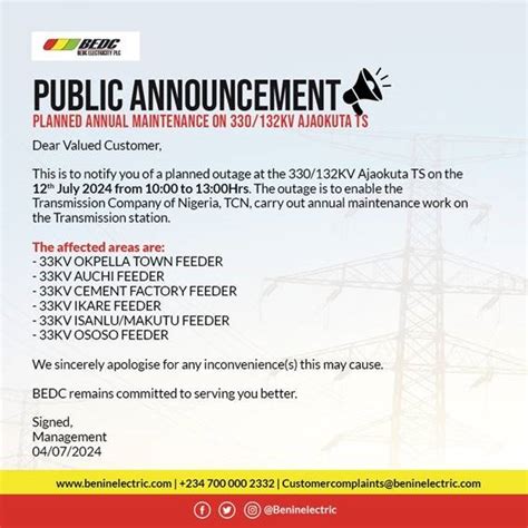 Planned Annual Maintenance Outage On Ajaokuta Ts Bedc Electricity Plc