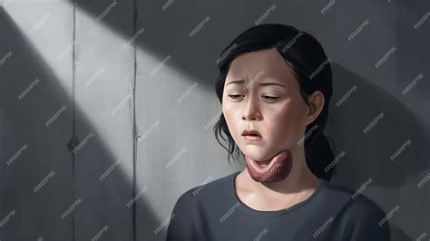 Asian Woman With A Sore Throat Or Thyroid Gland Against The Gray