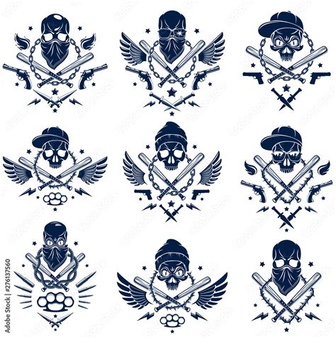 Criminal Tattoo Gang Emblem Or Logo With Aggressive Skull Baseball