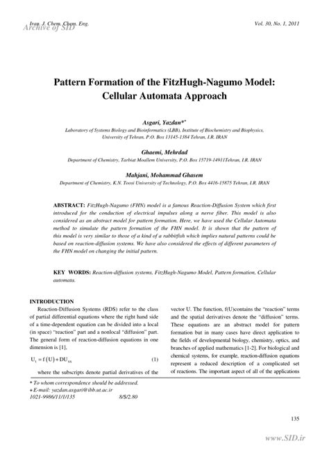Pdf Pattern Formation Of The Fitzhugh Nagumo Model Cellular Automata Approach