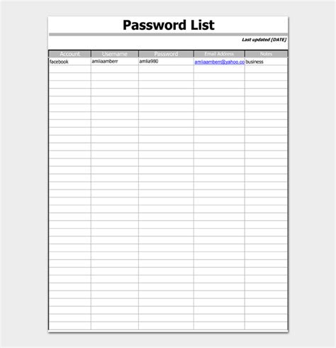 16 Editable Password List Templates Free Download Word Excel Pdf