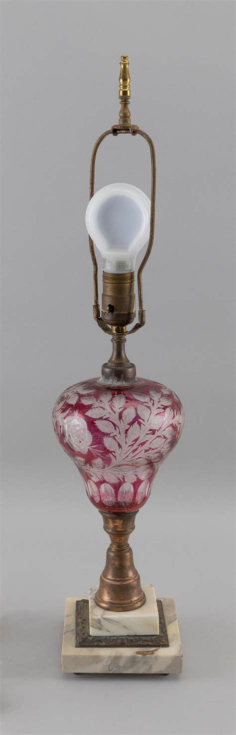 Lot Cut Ruby Flash Glass Table Lamp With Frosted Floral Design And