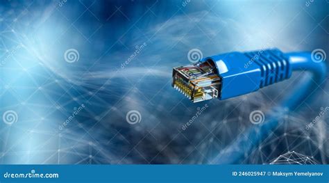 Internet Lan Network Connection Ethernet Cable Internet Cord Rj45 On Blue Abstract Background