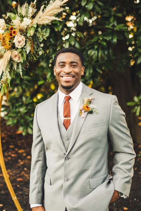 Grey Grooms Suit Burnt Orange Wedding Fall Wedding Inspiration