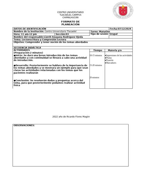 Planeación De Lectoescritura En Tlacaelel Pdf