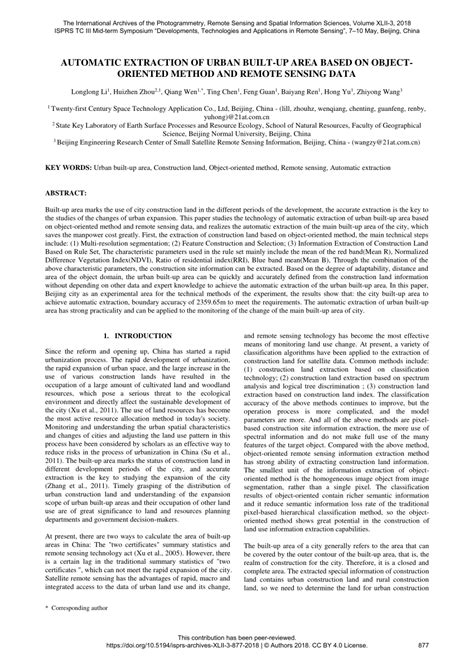 Pdf Automatic Extraction Of Urban Built Up Area Based On Object Oriented Method And Remote