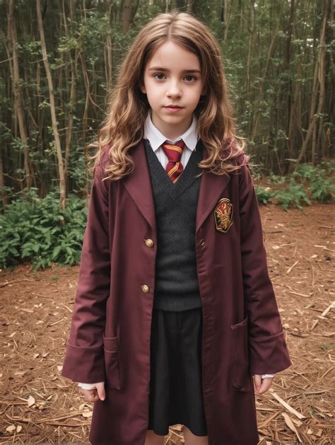 Tenyearold Girl In Hermione Granger Cosplay With Wand And Hogwarts
