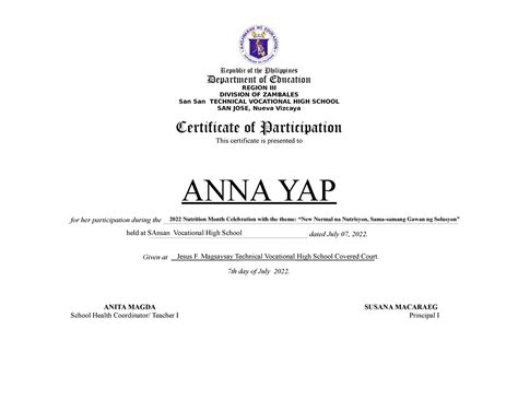 Nutrition Month Sample Certificate Department Of Education Region Iii