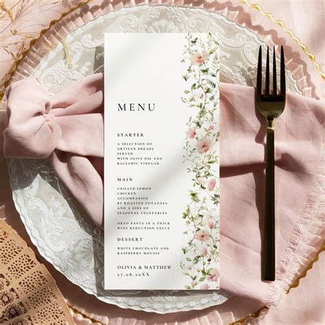 Wildflower Wedding Menu Template Pink Wedding Stationary Printable
