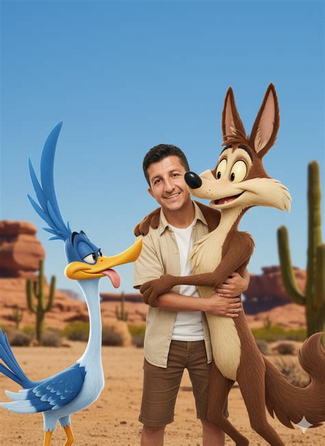 3d Rendered Hug Between Wile E Coyote Road Runner And A Human Fan In