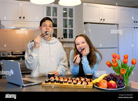 Delicious Sushi Learn To Eat With Chopsticks Show Each Other Master