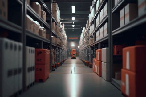 Automated Modern Retail Warehouse Robotics Transporting Boxes Of Product Packages In