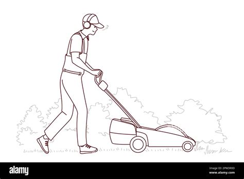 Man In Uniform Cut Grass With Electric Lawn Mower Employee Or Worker