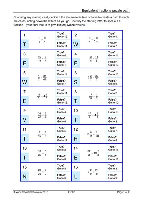 Equivalent Fractions Puzzle Path Ks3 Maths Teachit