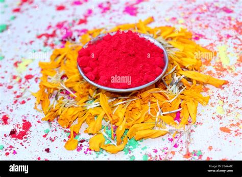 Colorful Traditional Holi Powder In Bowls Organic Gulal Colors For