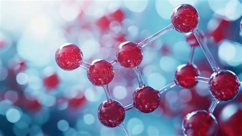 Close Up Of Red Molecular Structure On Blue Bokeh Background Stock