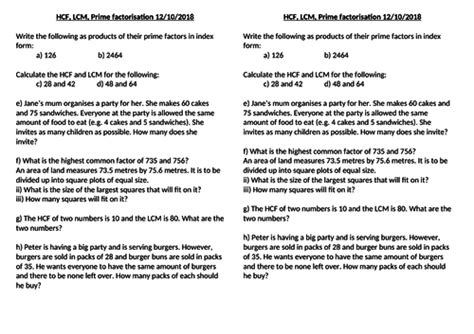 Highest Common Factor Lowest Common Multiple Prime Factorisation